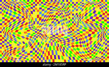 Distorted chess board background. Psychedelic pattern with warped black and blue squares. Trippy ...