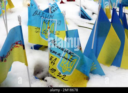 KYIV, UKRAINE - DECEMBER 9, 2022 - The miniature flags of Ukraine ...