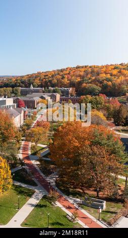 An aerial shot of the University of Massachusetts Amherst campus on a ...