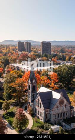 An aerial shot of the University of Massachusetts Amherst campus on a ...