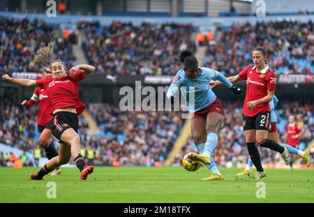 Manchester City's Khadija Shaw (centre) congratulates Jemima Dahou ...