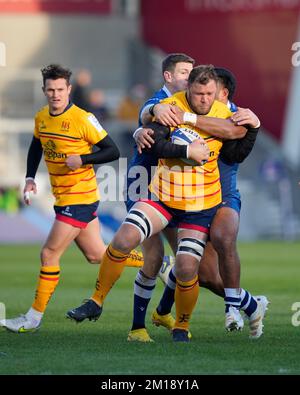 Duane Vermeulen #8 of Ulster Rugby is held during the European ...