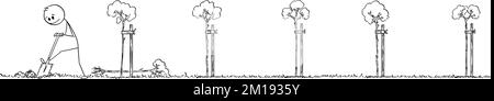 Gardener Planting Alley or Avenue of Trees, Vector Cartoon Stick Figure ...