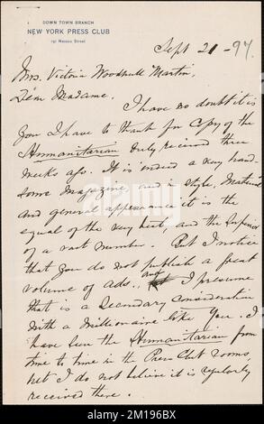 [Victoria Woodhull Martin] autograph letter to [John Biddulph Martin ...