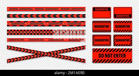 Various quarantine zone warning tapes and shields. Novel coronavirus ...
