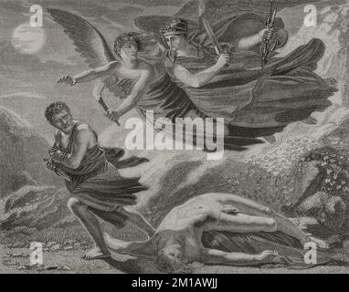 The Revenge and Justice chasing crime. Engraving by Trichon. "Los ...