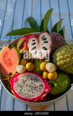 Variaty of tasty tropical exotic fruits, ripe fresh lychee, dragon ...