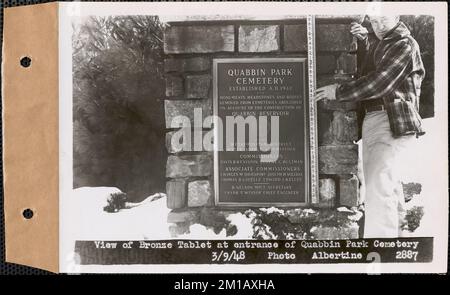 View of bronze tablet at entrance of Quabbin Park Cemetery, Ware, Mass ...