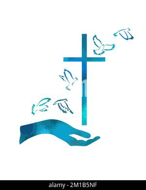 religious cross in hand. Flying birds of the world. Vector illustration ...