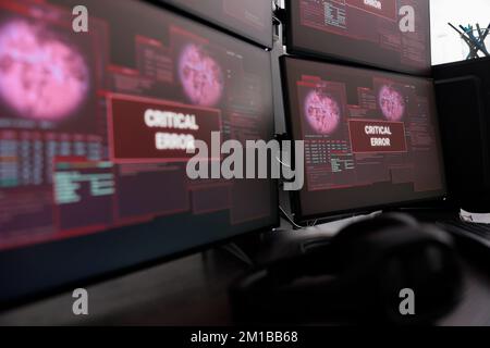 Multiple monitors showing critical error message after cyber crime attack and hacking alert ...
