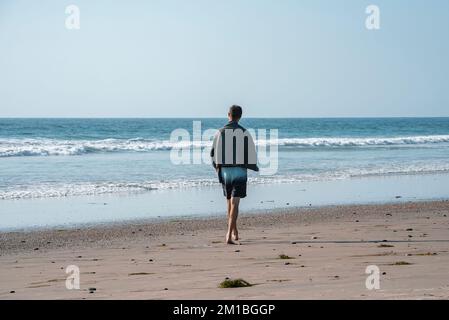 Rear view of man with towel walking at beach during summer Stock Photo ...