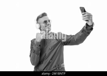 Streaming made easy. Happy man live stream flexing arm. Live streaming ...