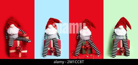 Collage of cute Christmas gnome with gifts and decorations on window ...