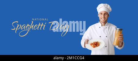 Handsome chef with pasta and text NATIONAL SPAGHETTI DAY on blue ...