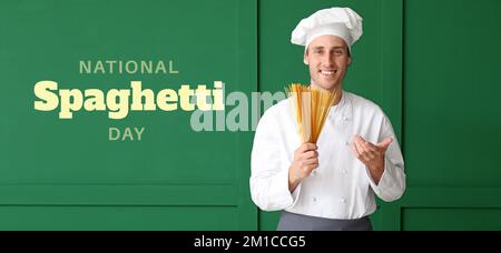 Handsome chef with pasta and text NATIONAL SPAGHETTI DAY on blue ...