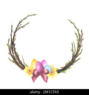 Spring pussy willow twigs wreath watercolor with flower daffodil ...