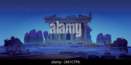 Broken ancient temple building at night. Old greek or roman ...