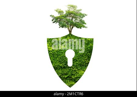 Green shield protects nature and protects the environment on white ...