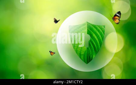 Green shield protects nature and protects the environment on white ...