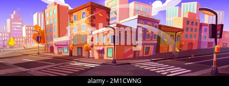 Autumn city street corner with buildings, crosswalk, empty road and ...