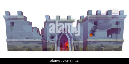 Destroyed medieval castle wall with broken gate, steaming holes and ...