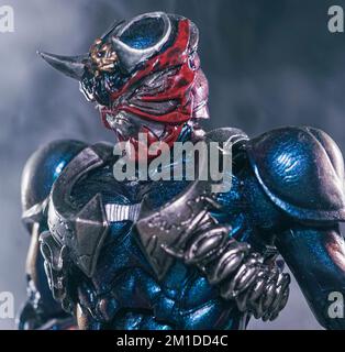 A closeup shot of SIC Kamen Rider Blade Ace Form figure on dark background filled with smoke ...