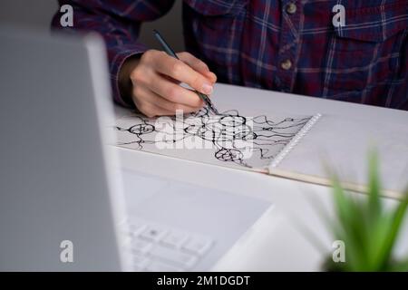 Abstract neurographic drawing with pen. Close-up of hands drawing ...