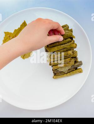 Hands making stuffed grape leaves in Turkish style Stock Photo - Alamy