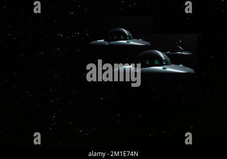 Three flying saucers in attack formation with stars behind Stock Photo ...