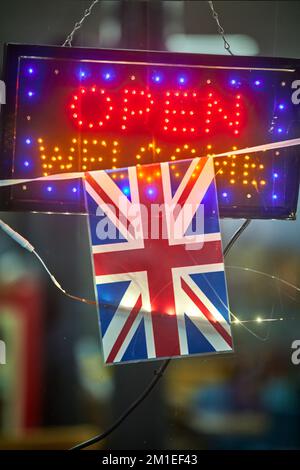 Cafe sign Open Welcome with a Union Jack flag but are people welcome in ...