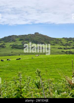 Mynydd Carreg with its distinctive stone turret at Porthor, Wales Stock ...