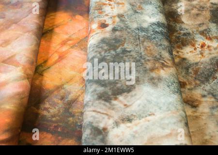 Viscose fabric sample in different color patterns closeup as textile ...