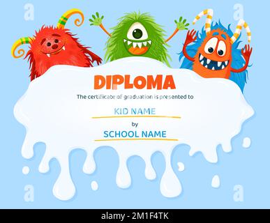 Kids diploma. Cartoon monster characters. Kindergarten child ...
