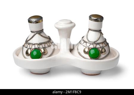Traditional ceramic Moroccan pepper, salt and cumin set isolated on ...