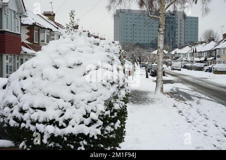 “The Greenway” covered in snow in Barnet, Colindale, London, England, U ...