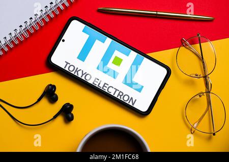 In this photo illustration a Tokyo Electron logo seen displayed on a ...