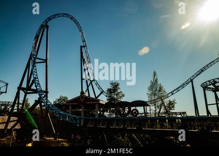 Helsinki, Finland - 24 June 2022: Ride roller coaster Taiga in blurred ...