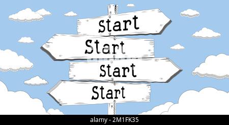 Start - outline signpost with four arrows Stock Photo - Alamy
