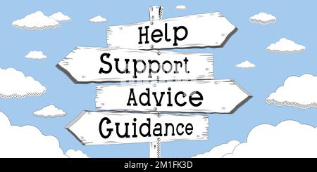 Guidance, assistance, support - outline signpost with three arrows ...