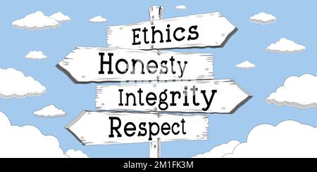 Ethics, honesty, integrity, respect - outline signpost with four arrows ...