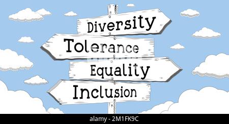 Diversity, tolerance, equality, inclusion - outline signpost with four ...