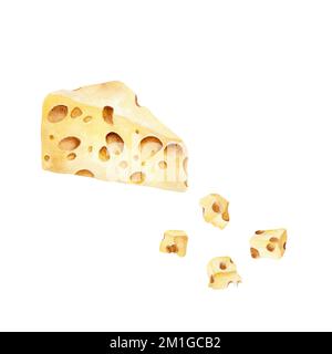 Set of yellow cheese with holes. Watercolor illustration isolated on ...