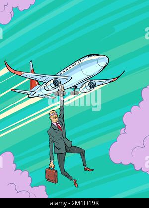 Business relocation. Businessman is flying on an airplane. Economic ...