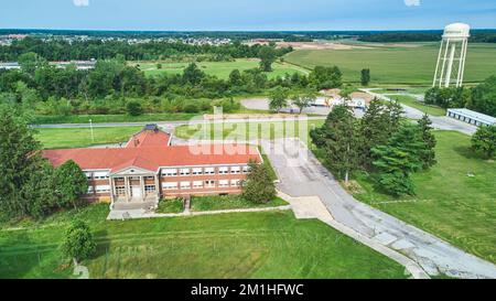 Aerial of Huntertown, Indiana water tower with farming fields ...