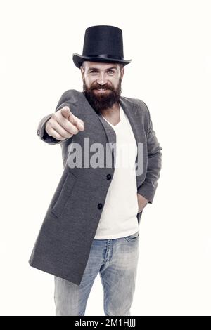 hipster man with top hat pointing index finger Stock Photo - Alamy