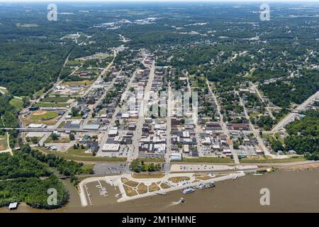 Aerial view of the city of Hannibal in Missouri from over the ...