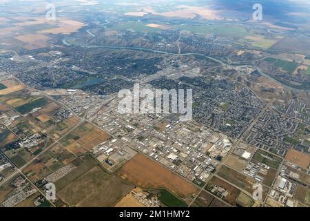 Canada, Alberta, Lethbridge, Aerial view of massive grain terminal on ...