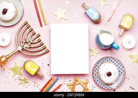 Blank card with menorah, treats, dreidels and stars for Hannukah ...