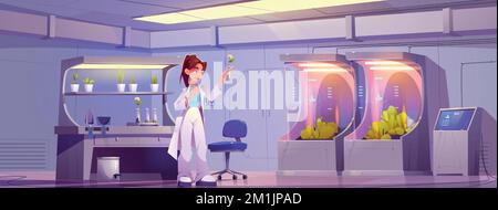 Female scientist in spaceship laboratory. Vector cartoon illustration ...
