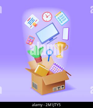 3D Cardboard Box Full of Office Stuff. Render Concept of Moving to New ...